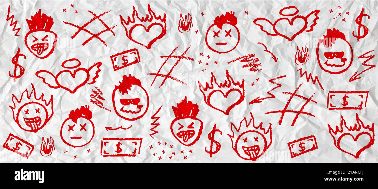 Red wax crayon drawing grafitti elements. Marker drawing retro rock ...