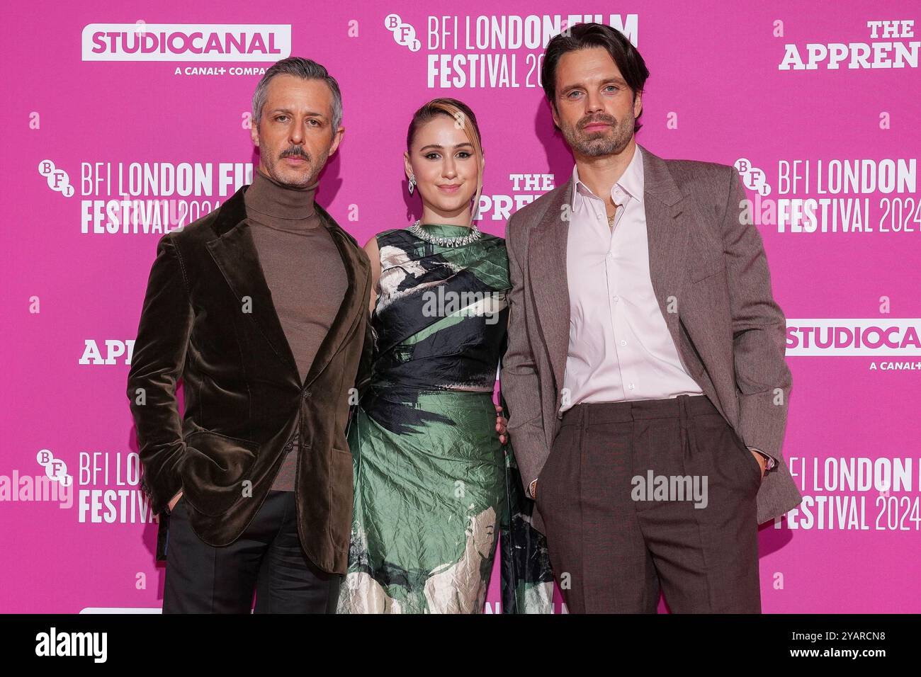 Jeremy Strong, from left, Maria Bakalova and Sebastian Stan pose for photographers upon arrival ...