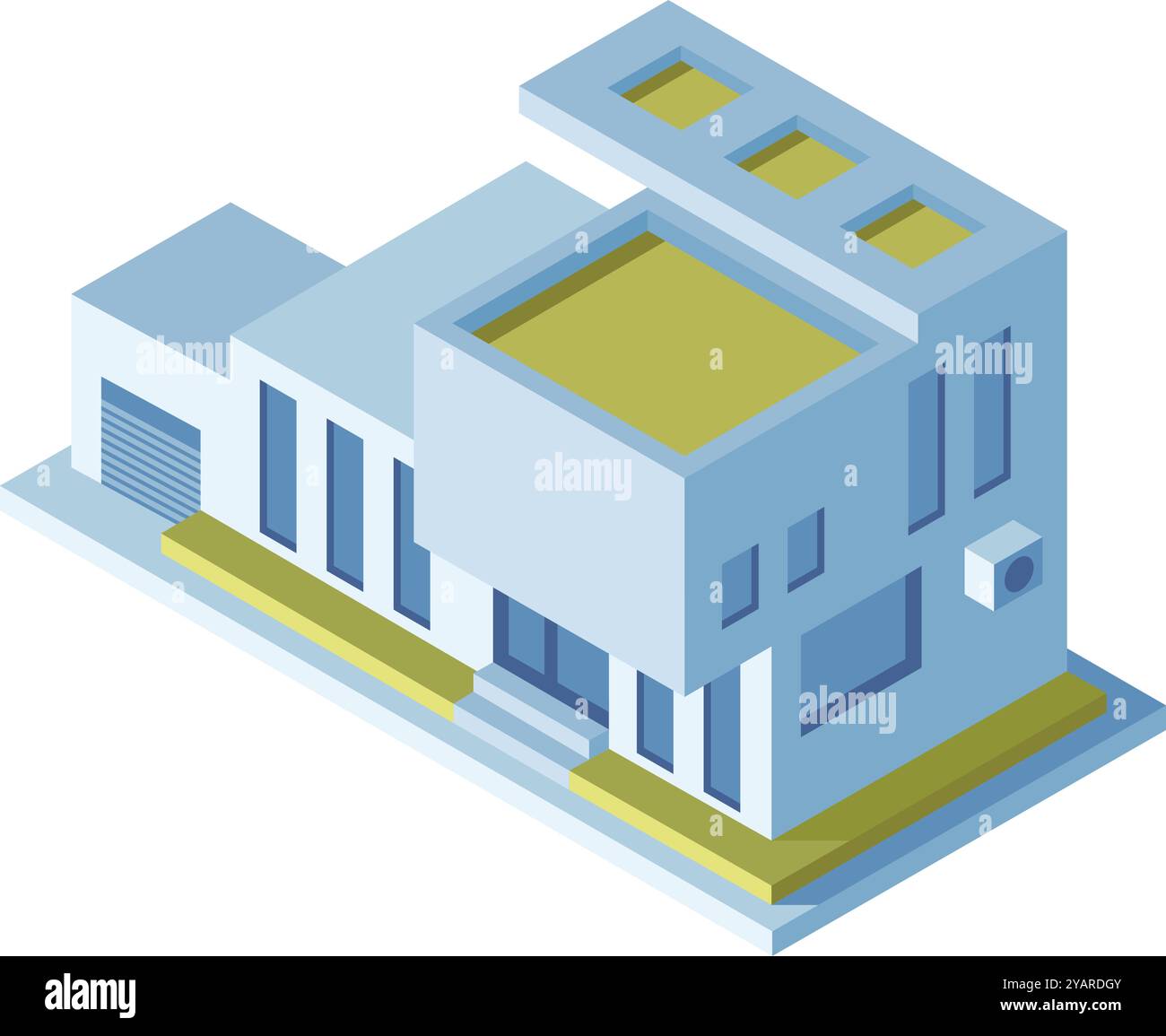 Isometric illustration featuring a modern, minimalist building with a ...