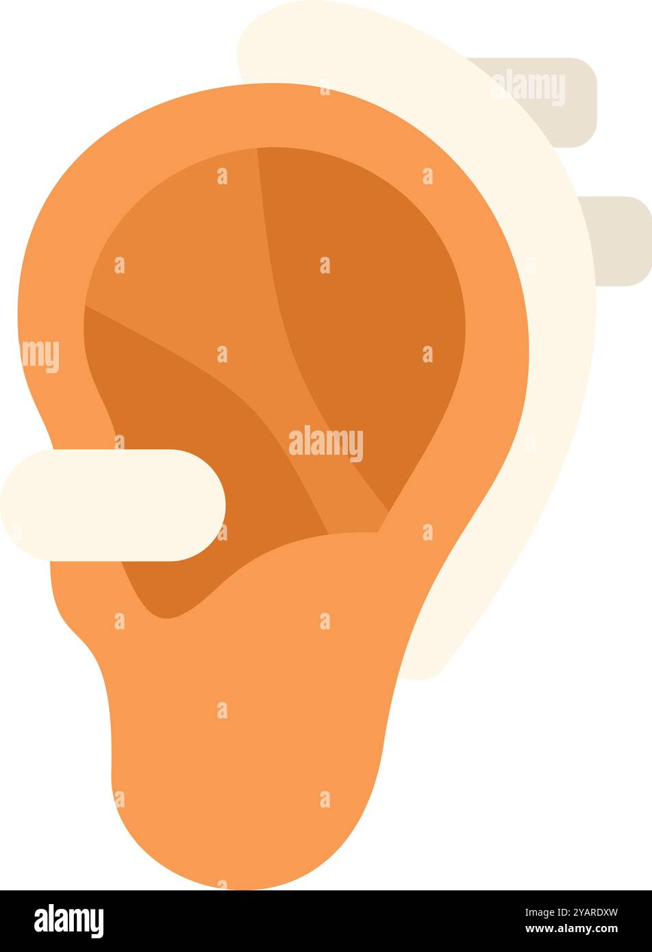 This flat design icon depicts a human ear with a hearing aid ...