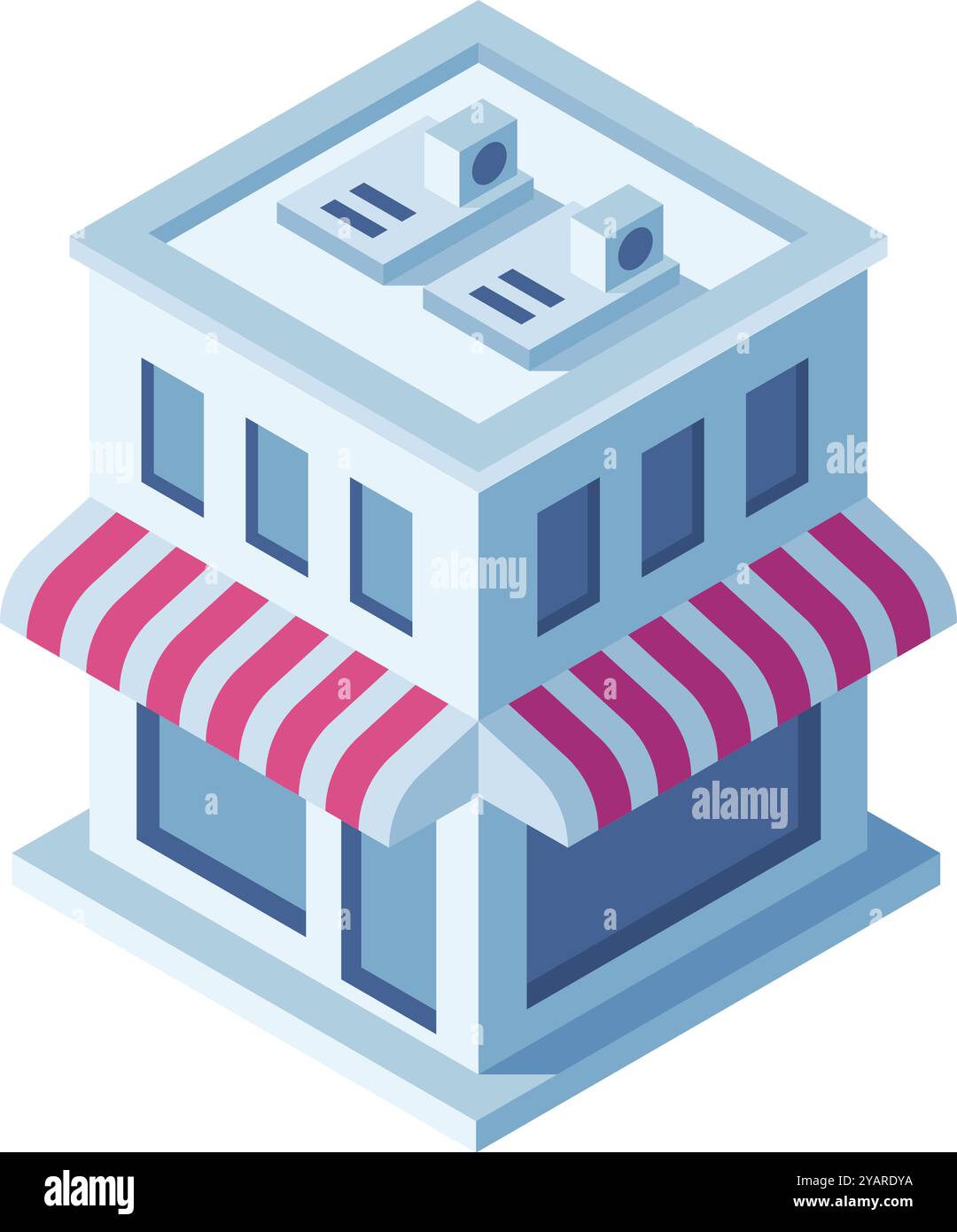 Isometric building with striped awnings representing modern ...