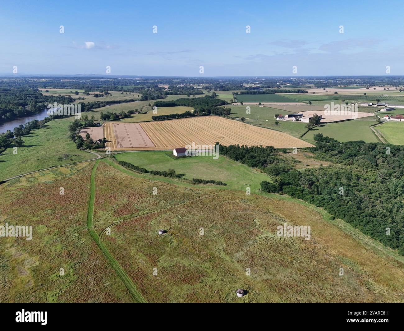 Aerial view of fields and meadows seen from the sky with hedges and ...