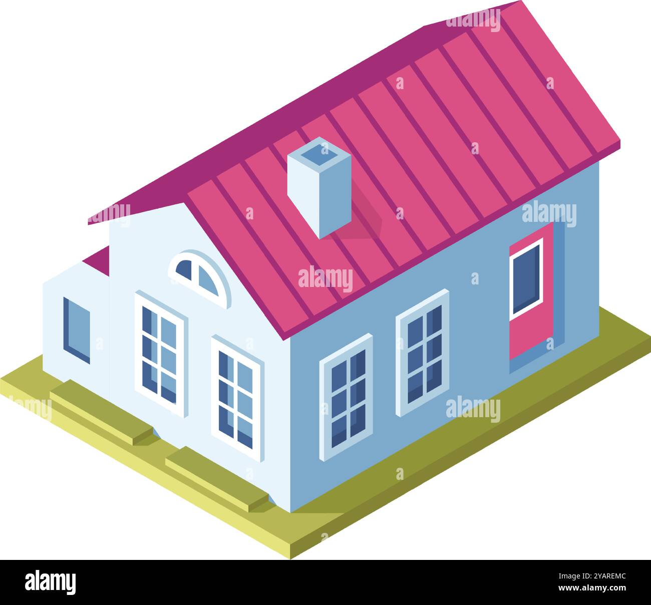 Isometric projection of a modern suburban house with a pink roof, white ...