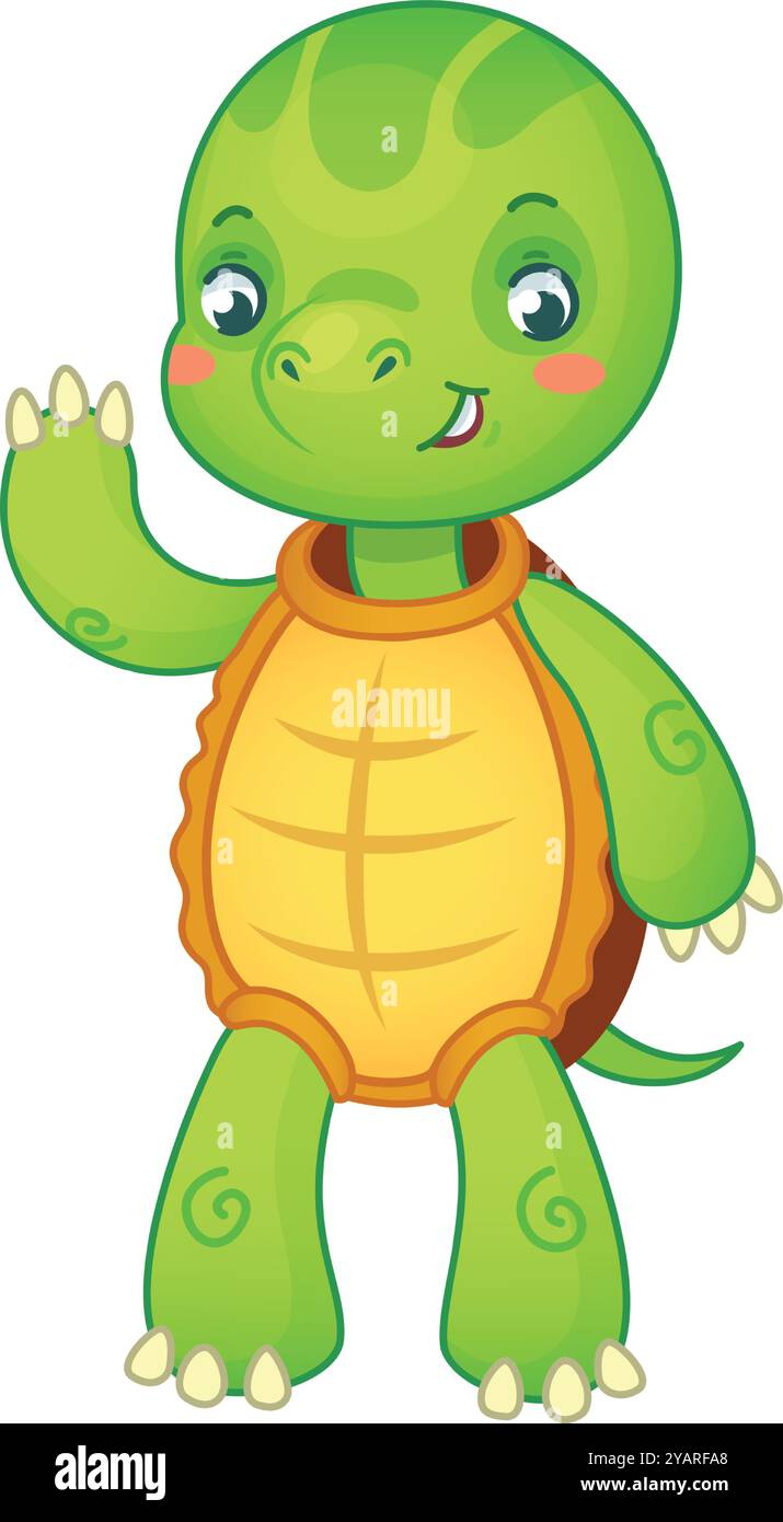 Friendly cartoon turtle waving with a smile, perfect for children books ...