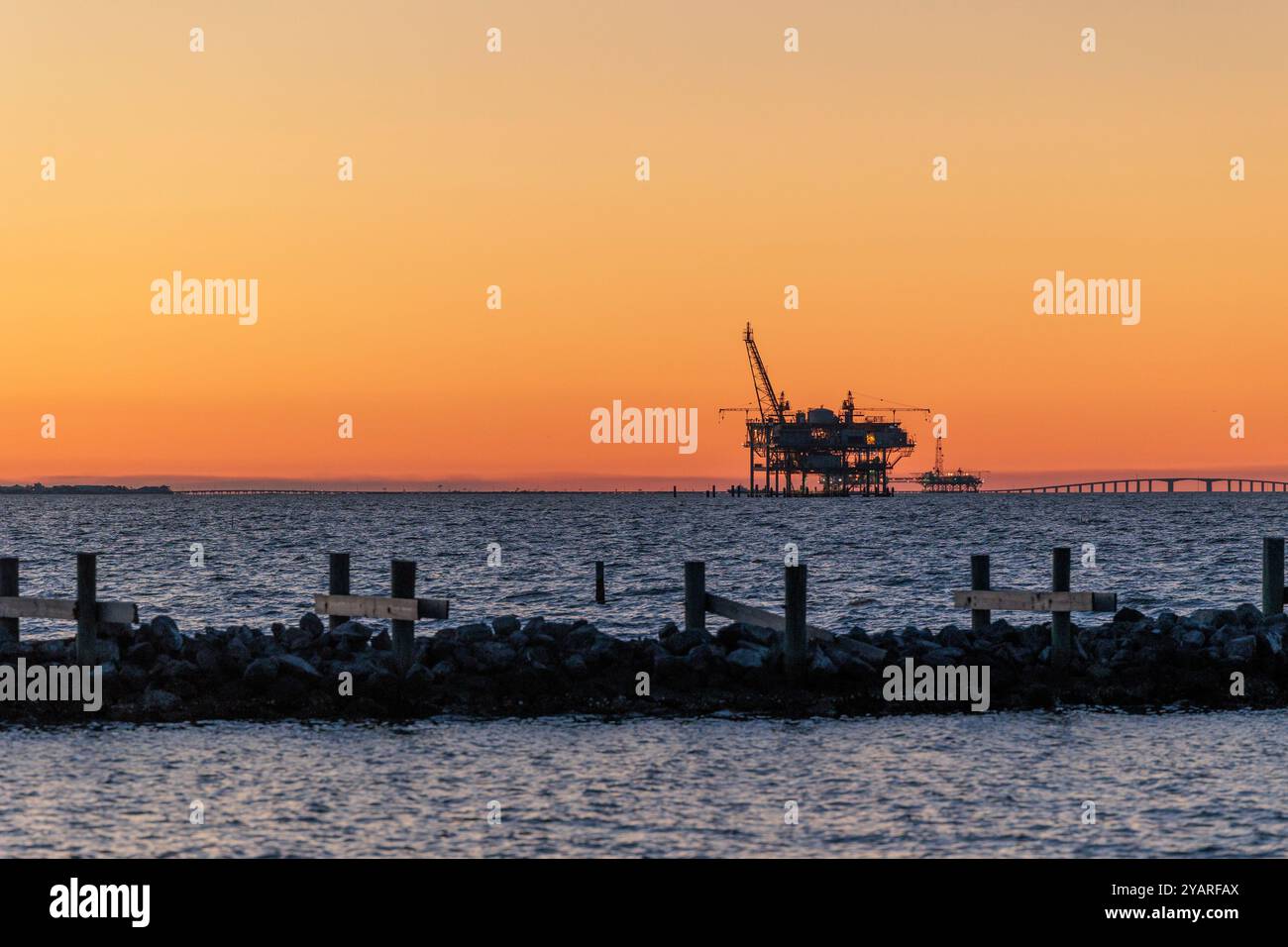 Oil and gas drilling rigs on the Gulf of Mexico horizon at Fort Morgan ...