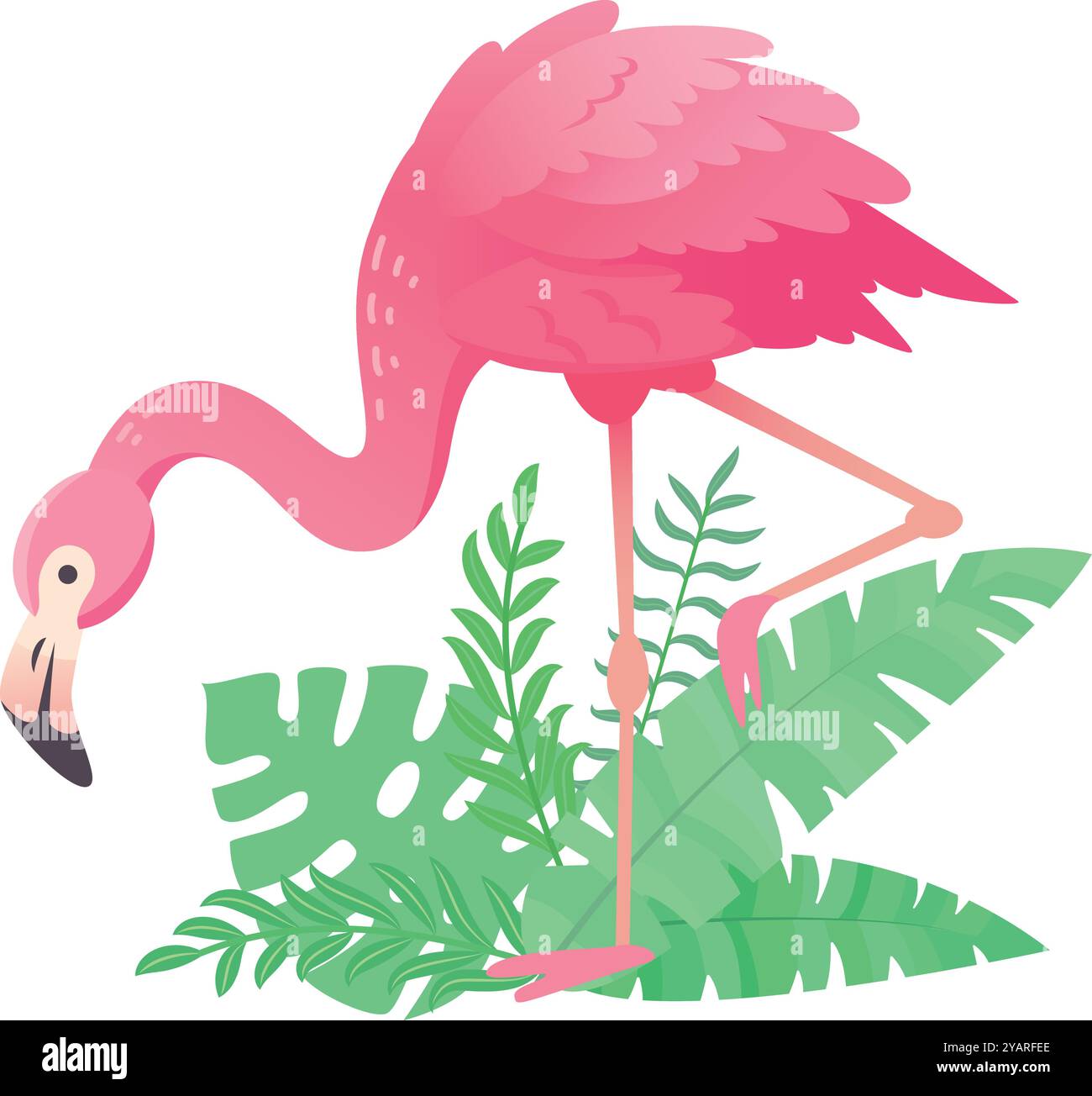 Cartoon pink flamingo standing on one leg with tropical leaves in the ...