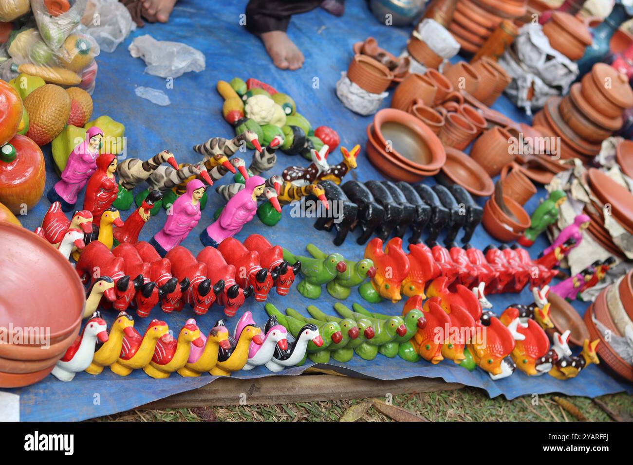 Colorful Clay Figurines and Pottery at Local Market Stall Stock Photo ...