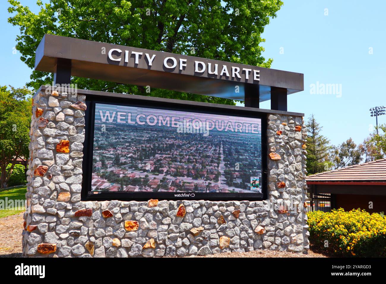 Welcome panel at the entrance to the city of Duarte, California Stock ...
