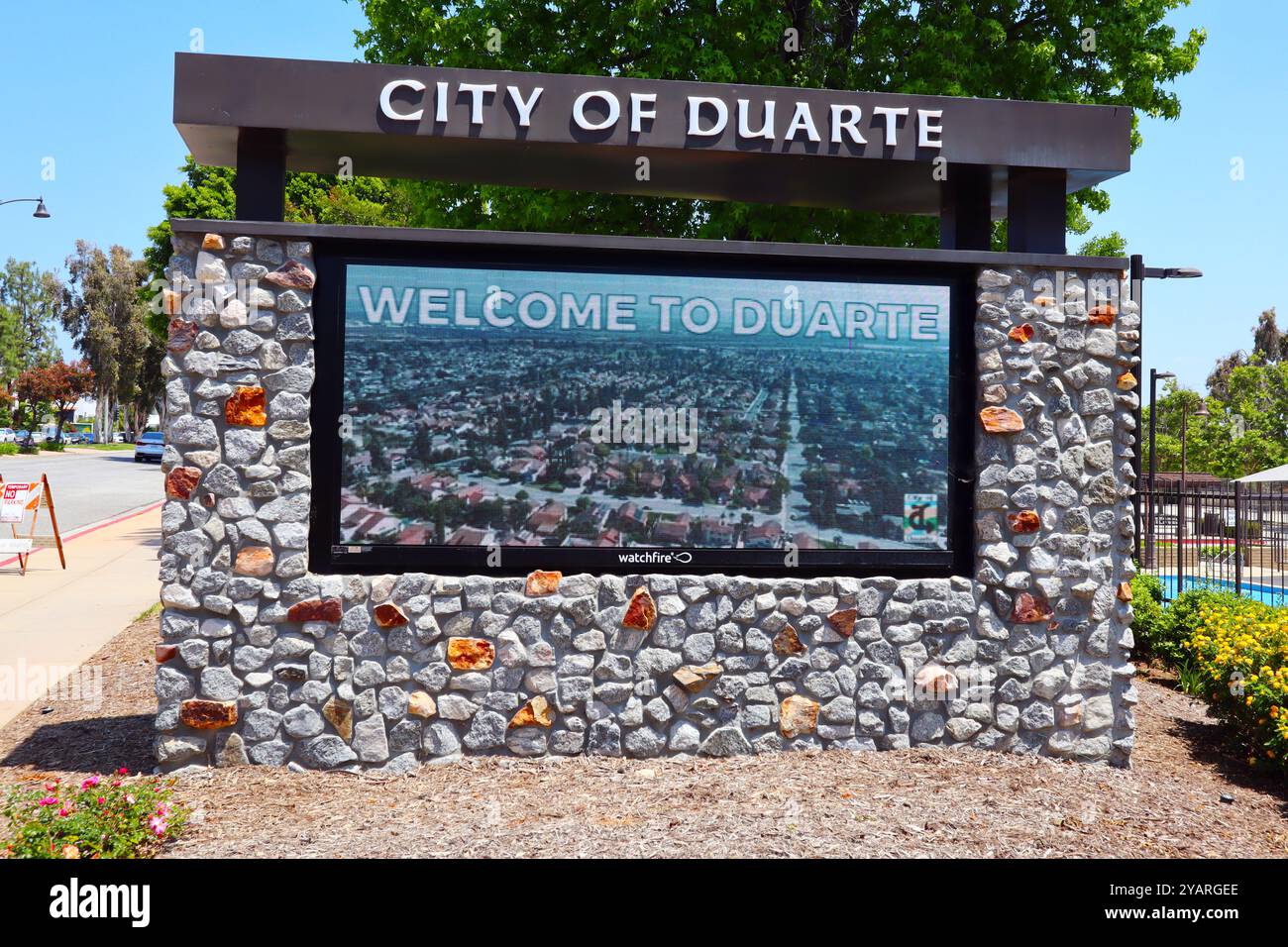 Welcome panel at the entrance to the city of Duarte, California Stock ...