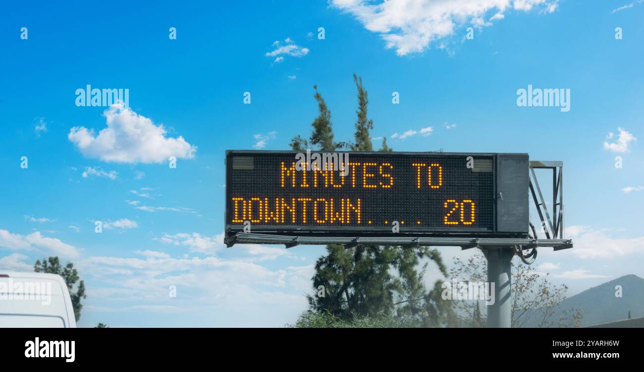 "Minutes to downtown" board in a freeway in Los Angeles. California ...