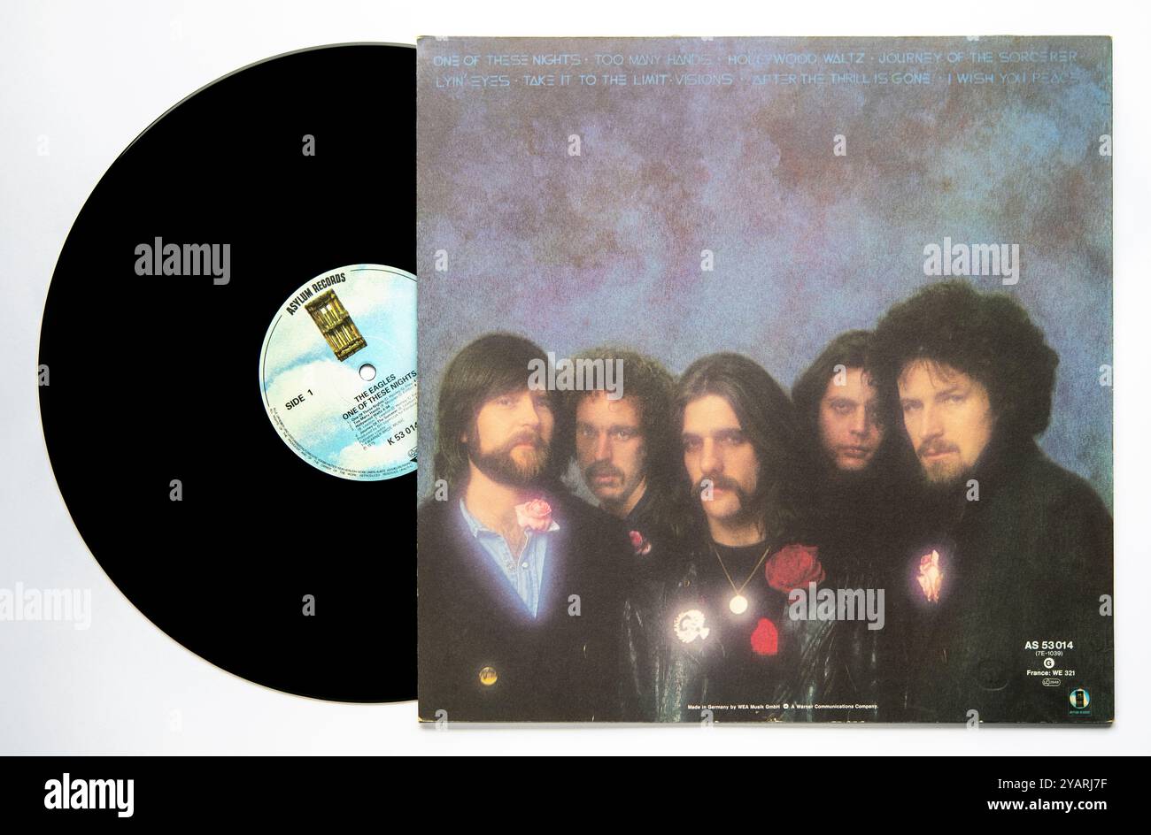 Rear LP cover and vinyl of One of These Nights, the fourth studio album by American band The ...