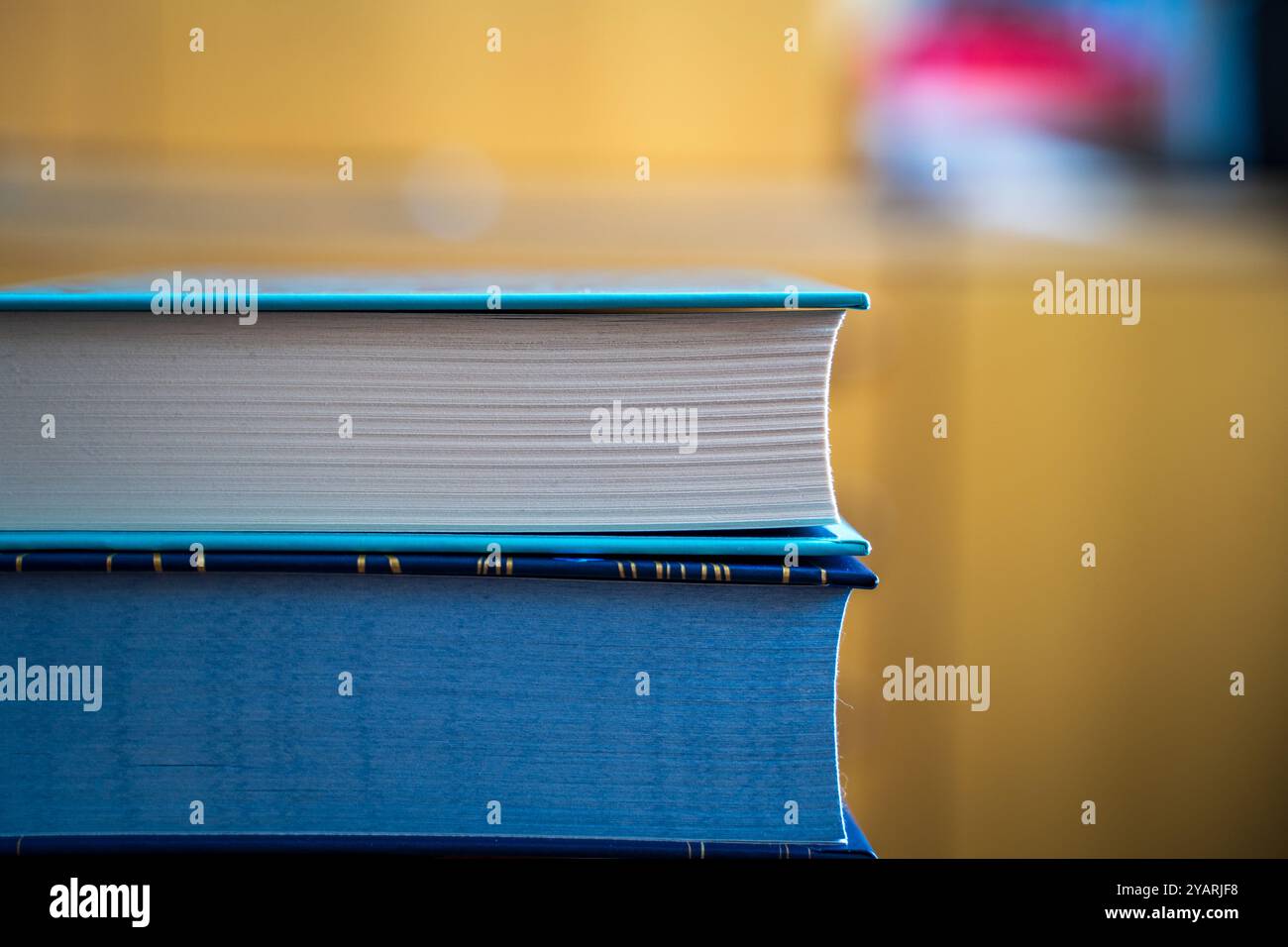 A close-up of two books stacked on top of each other, with a blurred ...