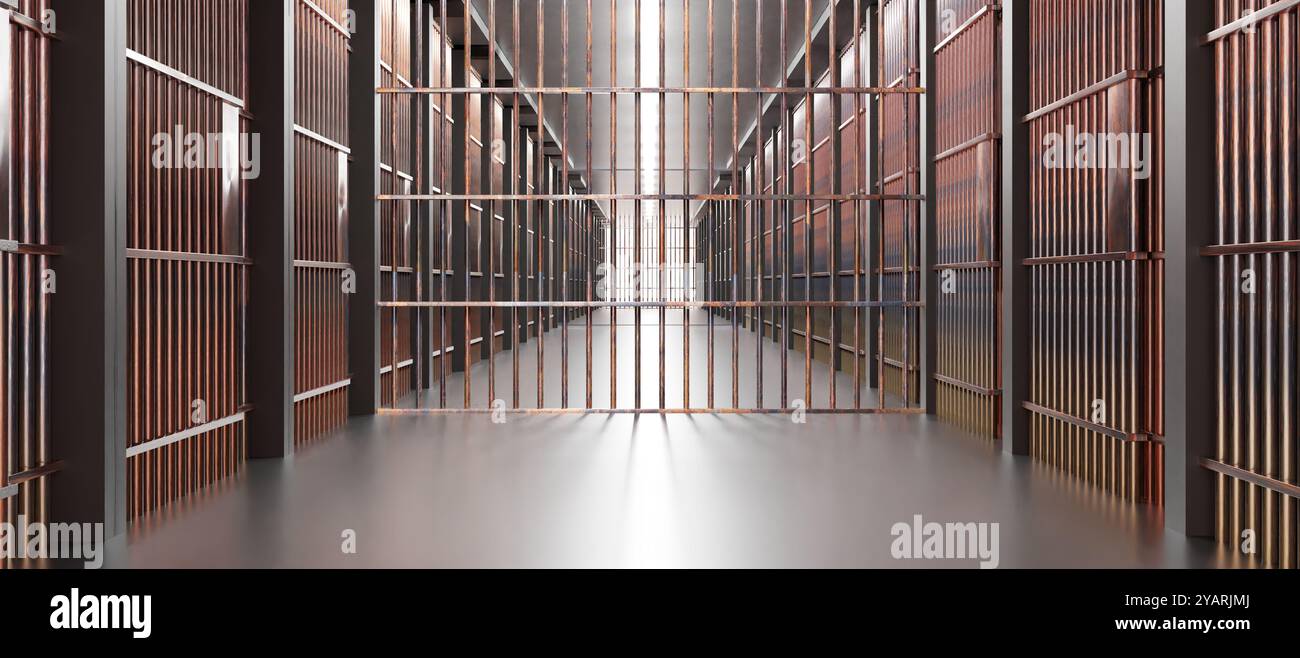 Prison interior. Jail cells, corridor and security metal bars. 3d ...