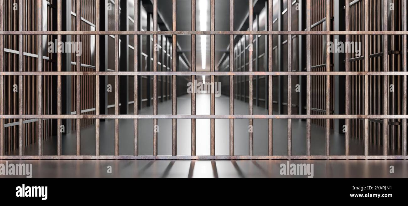 Prison interior. Jail cells, corridor and security metal bars. 3d ...