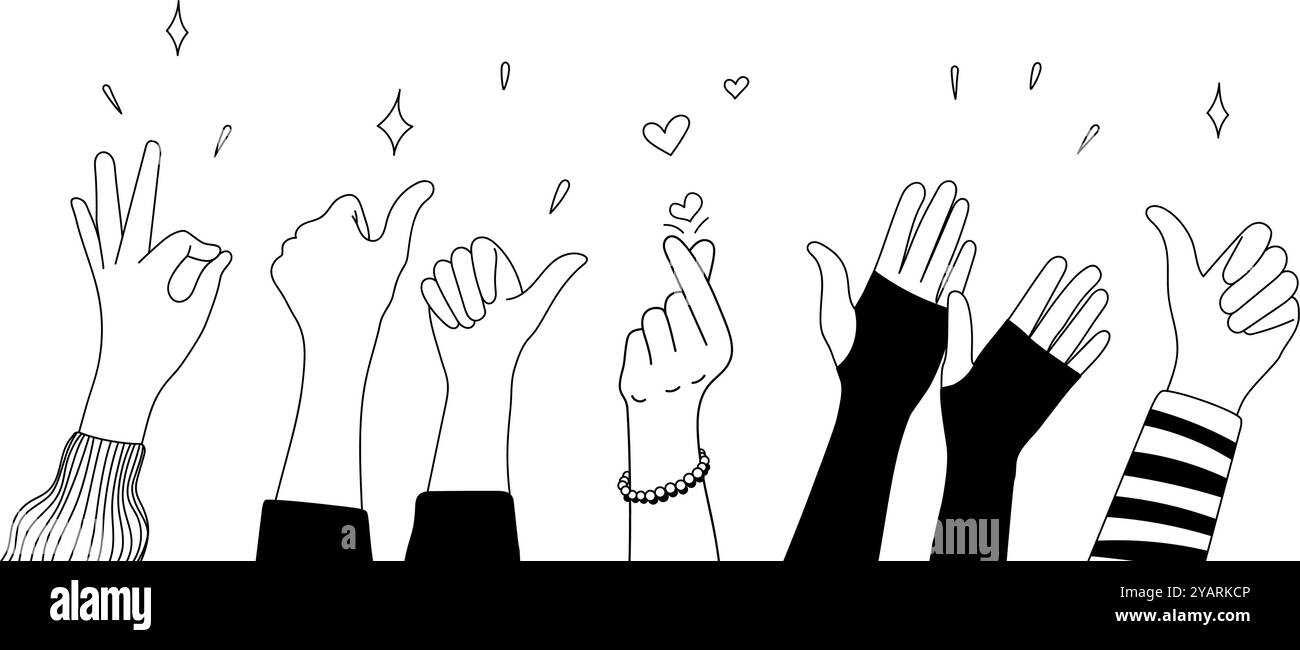 Doodle sketch hands up gestures comic icons silhouettes vector set ...
