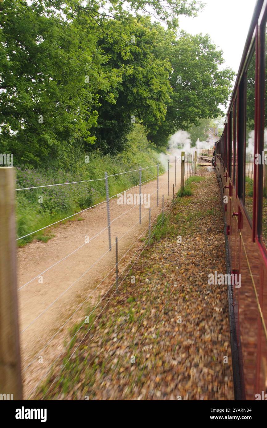 A view looking out the window of a moving, narrow gauge railway ...