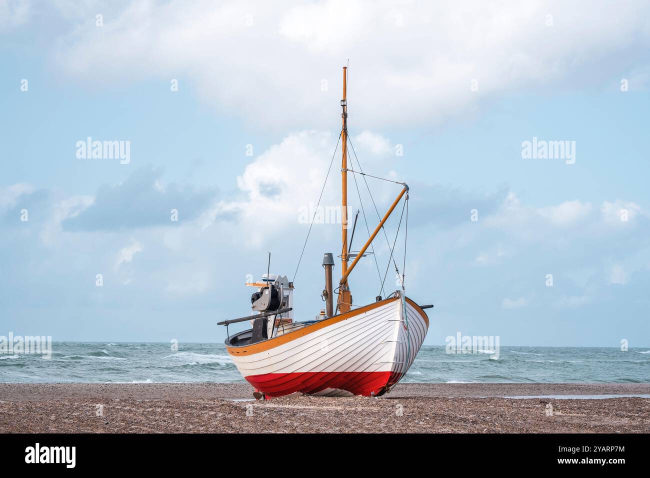Fishing boats on the beach at Slettestrand on the North Sea, Jutland ...
