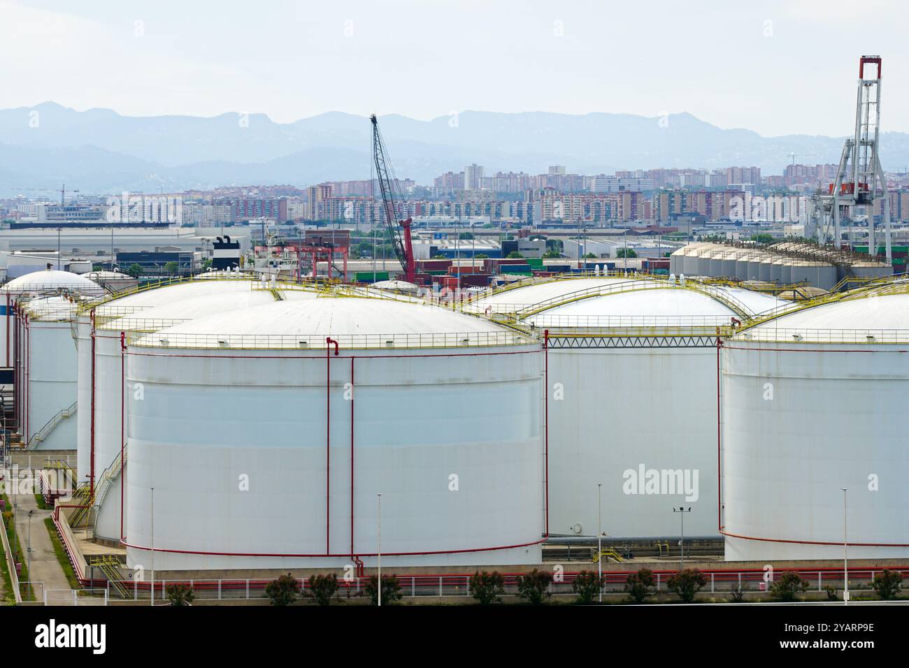 White tanks in tank farm, big silos, tall white metal tanks, multiple ...
