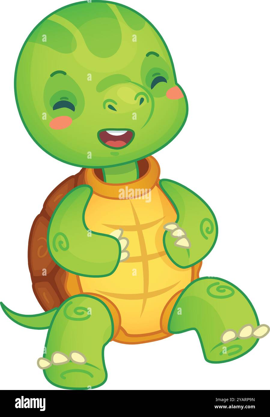 Cheerful cartoon turtle sitting with its legs crossed, eyes closed, and ...