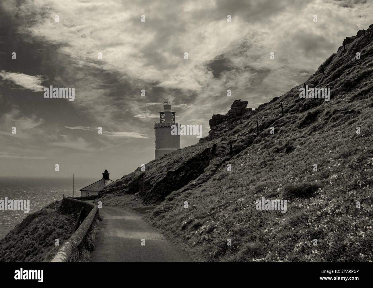 Start Point Lighthouse, from the shore in black and white (monochrome ...
