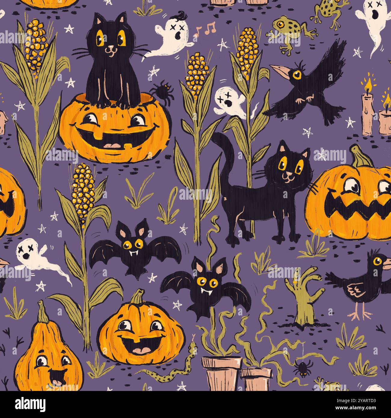 Funny Halloween vintage pattern in retro cartoon style. Cute black cats ...