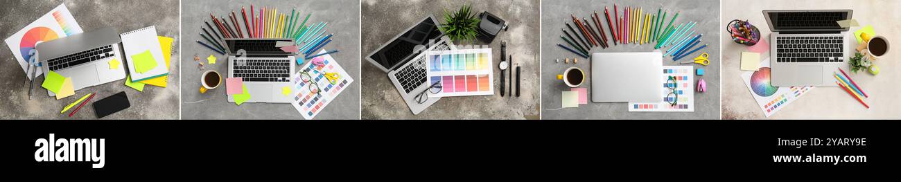 Collage of graphic designer's workplaces with laptops, color charts and ...