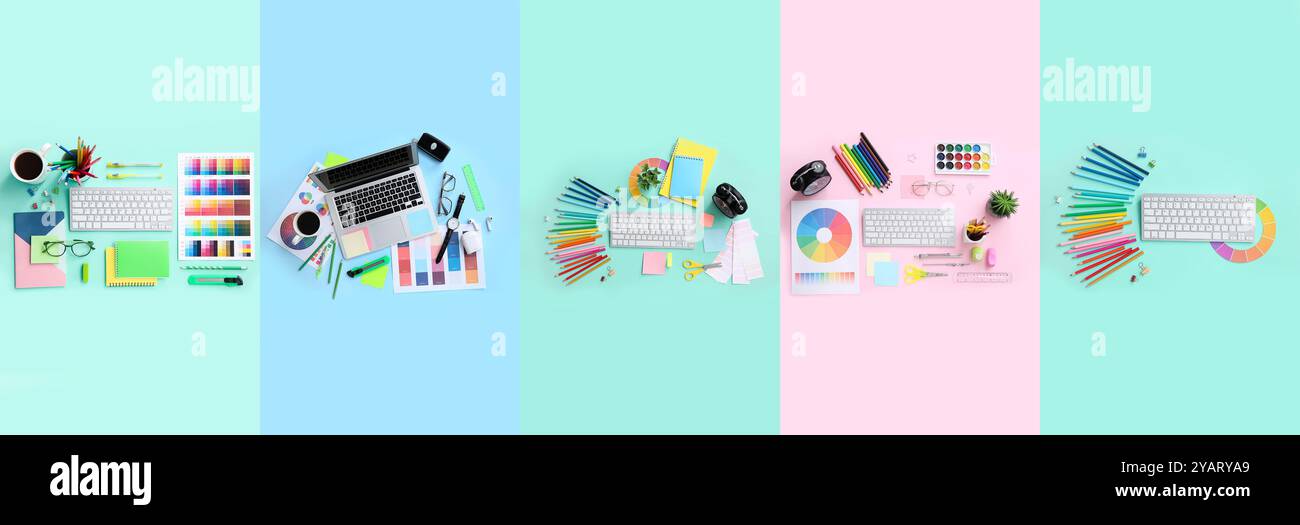 Collage of graphic designer's workplaces on color background, top view ...