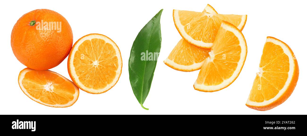 Orange fruit with slices isolated on white background. Top view. Flat ...