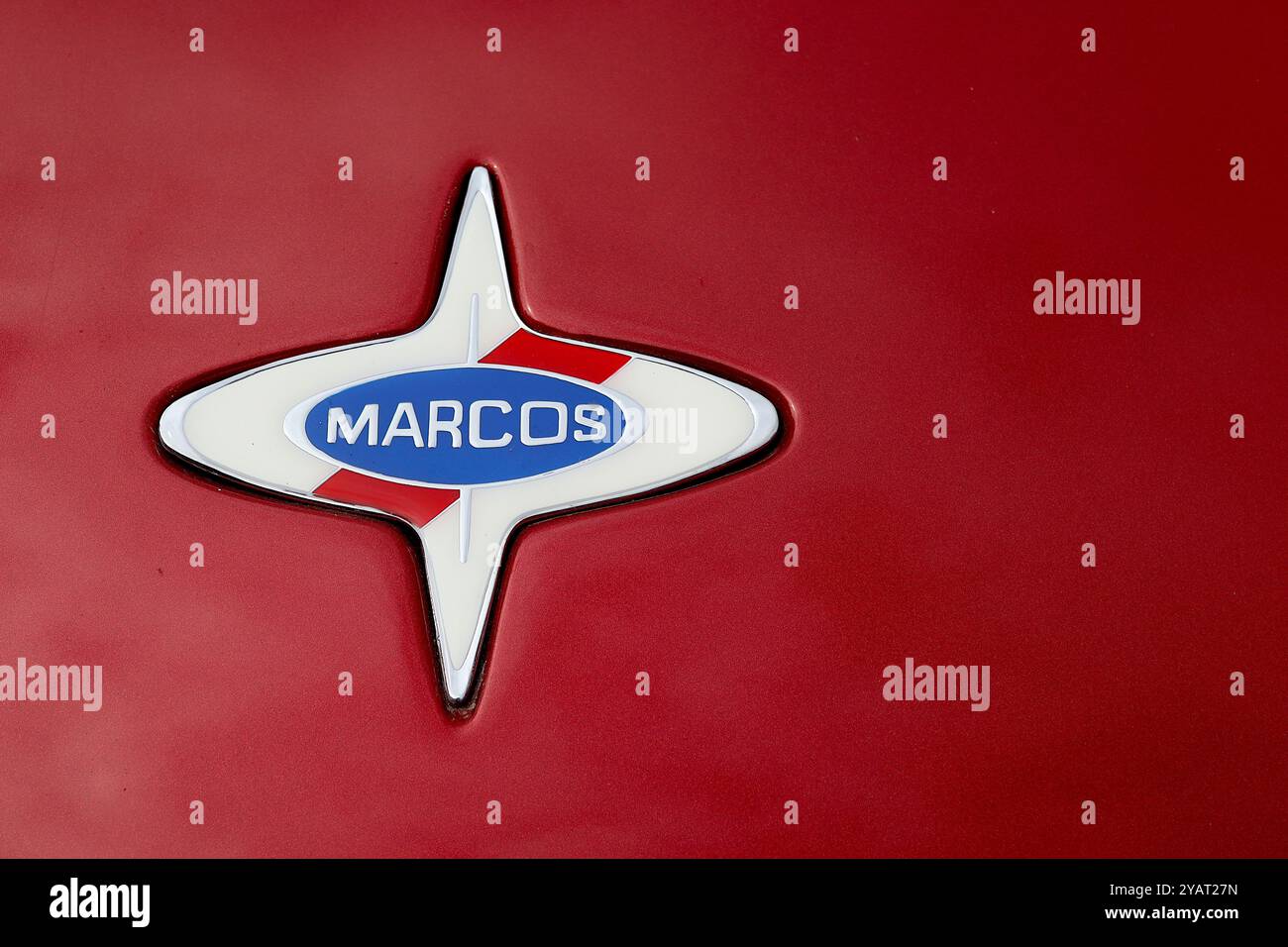 Close up of a Marcos car badge fitted to a fibreglass bodied low slung ...