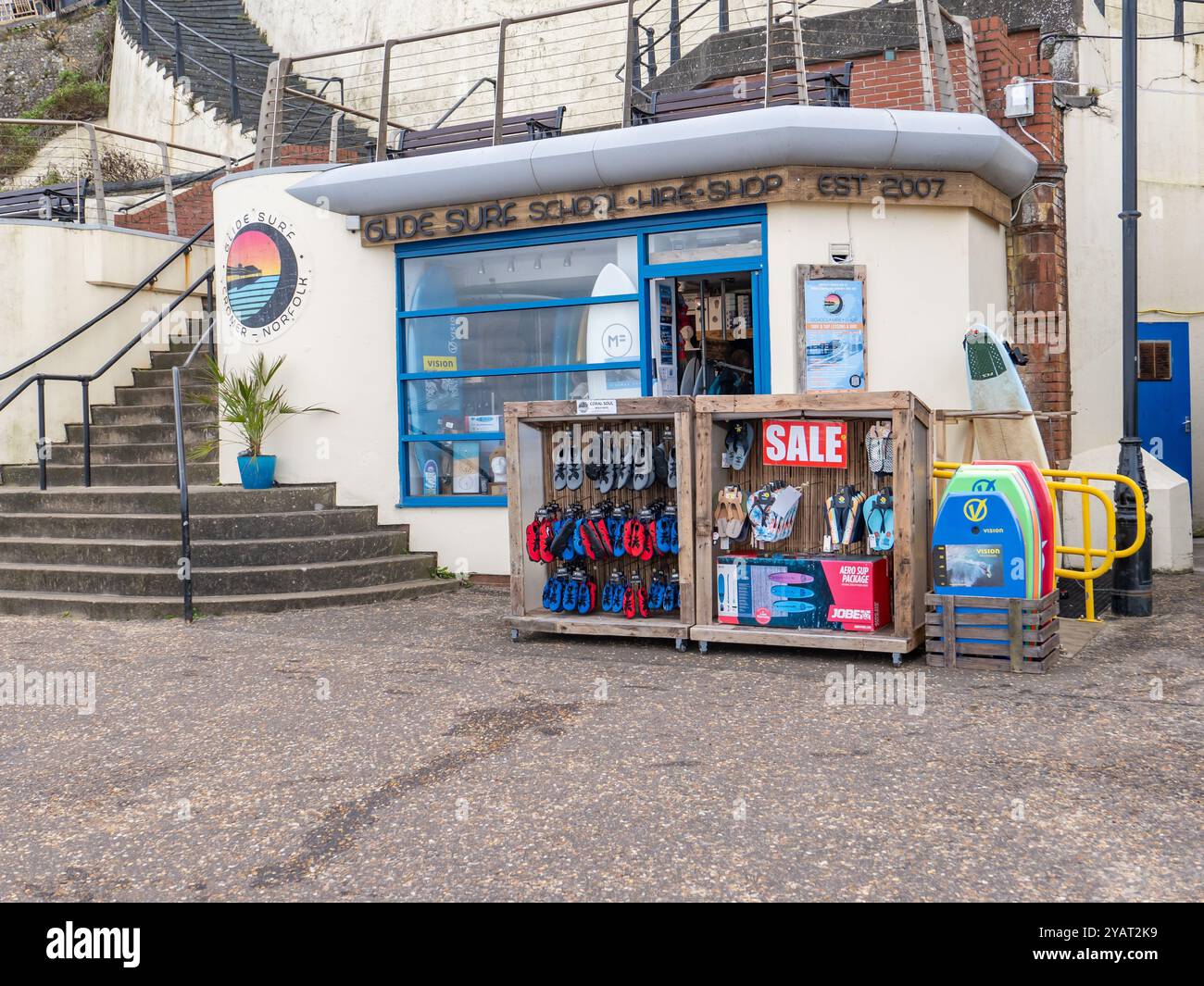 Surf school and shop in the seaside town of Cromer Stock Photo - Alamy