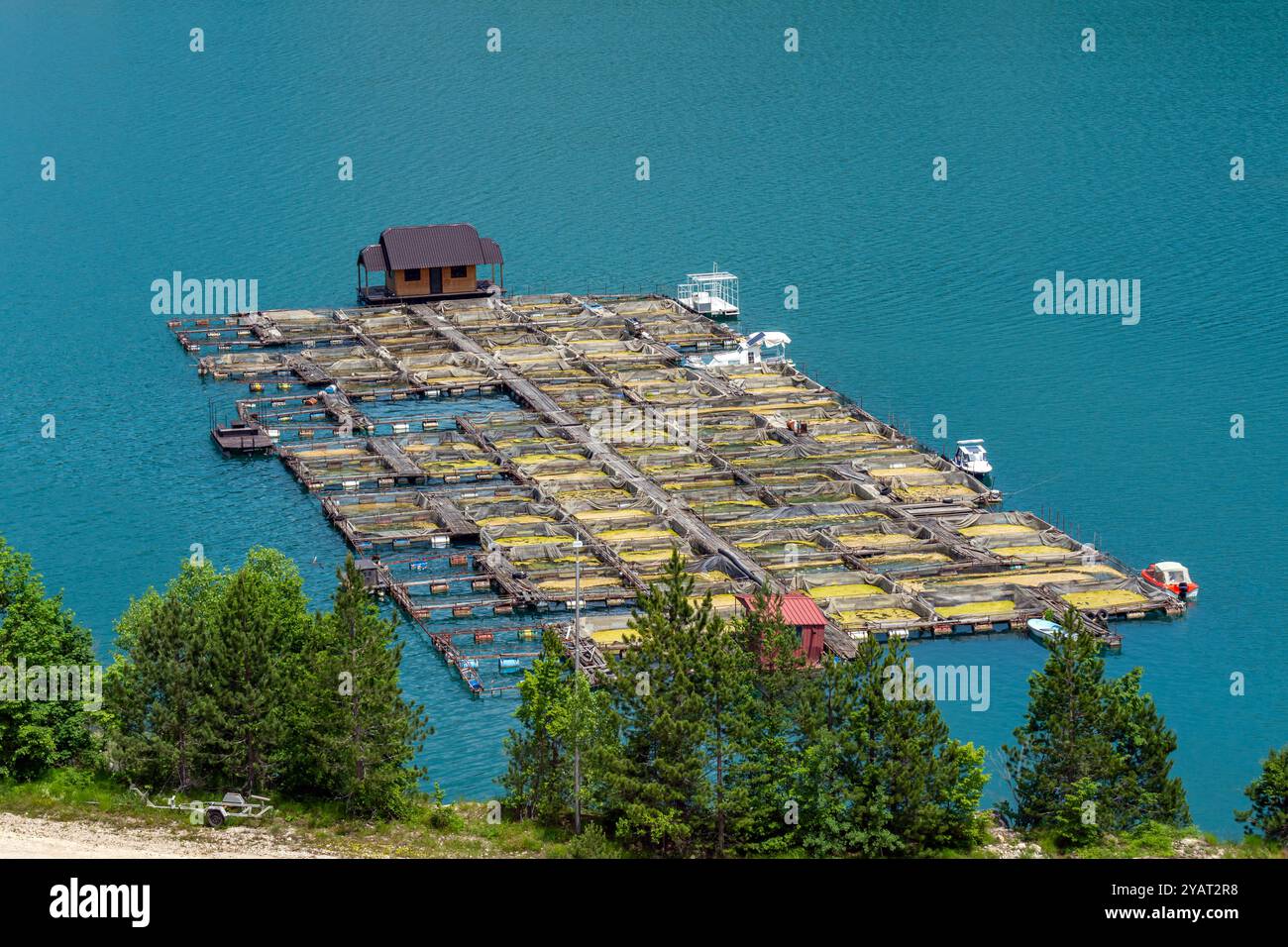 Fish production farm on the Zaovine lake in the National Park Tara in ...
