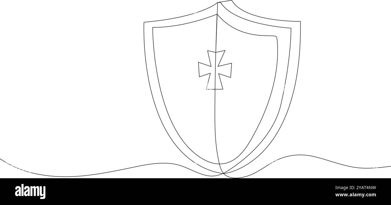 continuous line drawing of a shield with a cross at its center. The ...