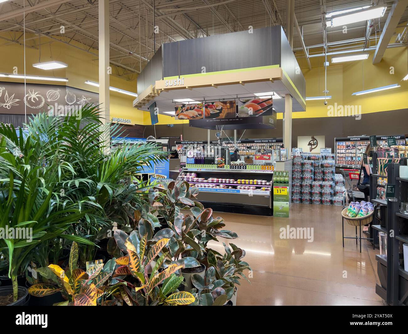 Grocery Store Produce Section with Restroom Sign Overhead Stock Photo ...