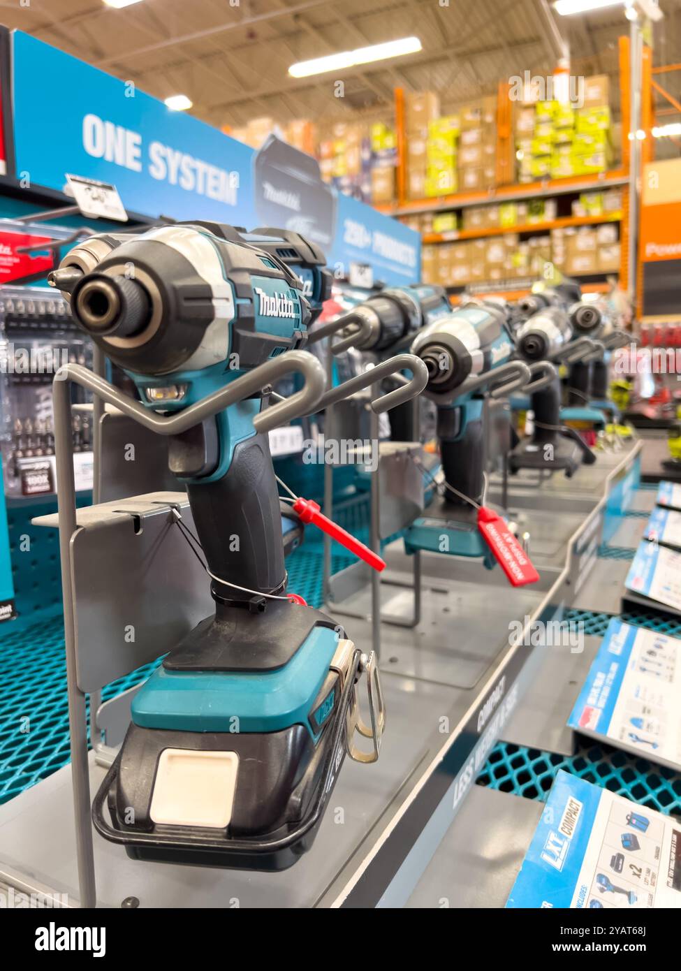 Power Tools and Fasteners Aisle in Home Improvement Store with Drills ...