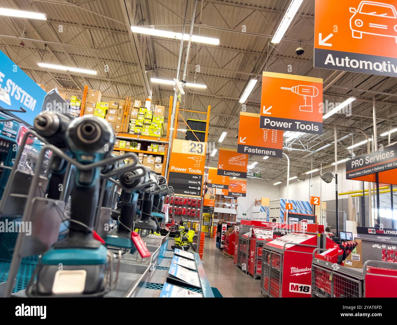 Power Tools and Fasteners Aisle in Home Improvement Store with Drills ...