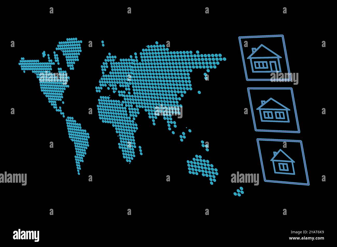 Real estate. Houses and world map on black background, illustration ...