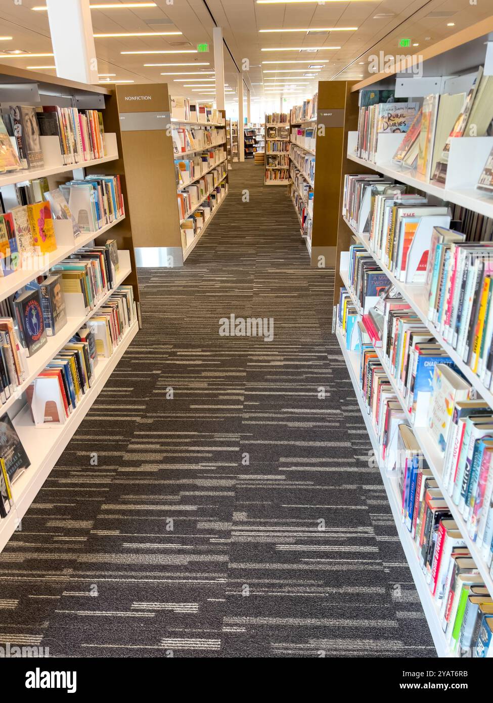 Modern Library Interior with Organized Bookshelves and Reading Area Stock Photo - Alamy