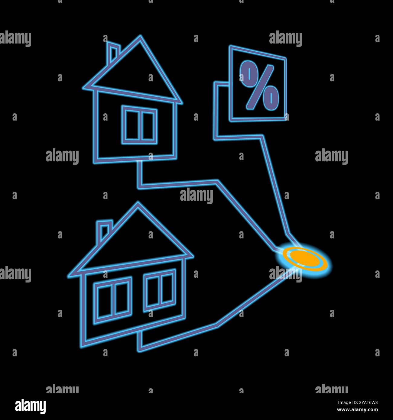 Real estate. Scheme with houses and percent sign on black background ...