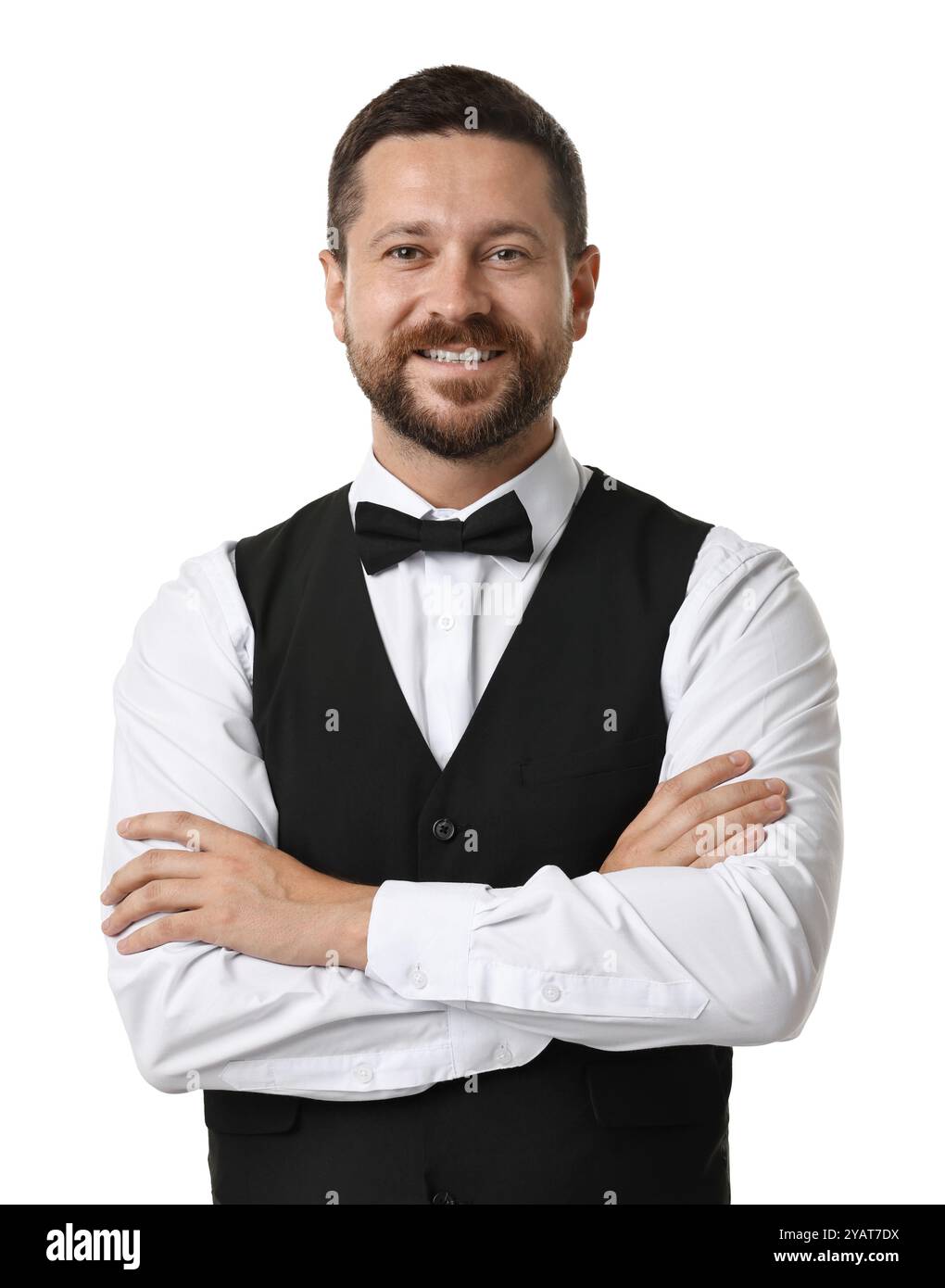 Portrait of professional croupier on white background Stock Photo - Alamy