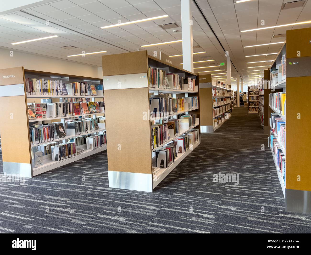 Modern Library Interior with Organized Bookshelves and Reading Area ...