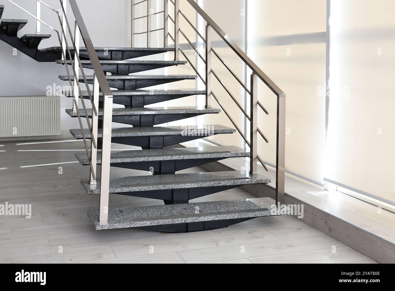 Empty staircase and metal railing indoors. Interior design Stock Photo ...