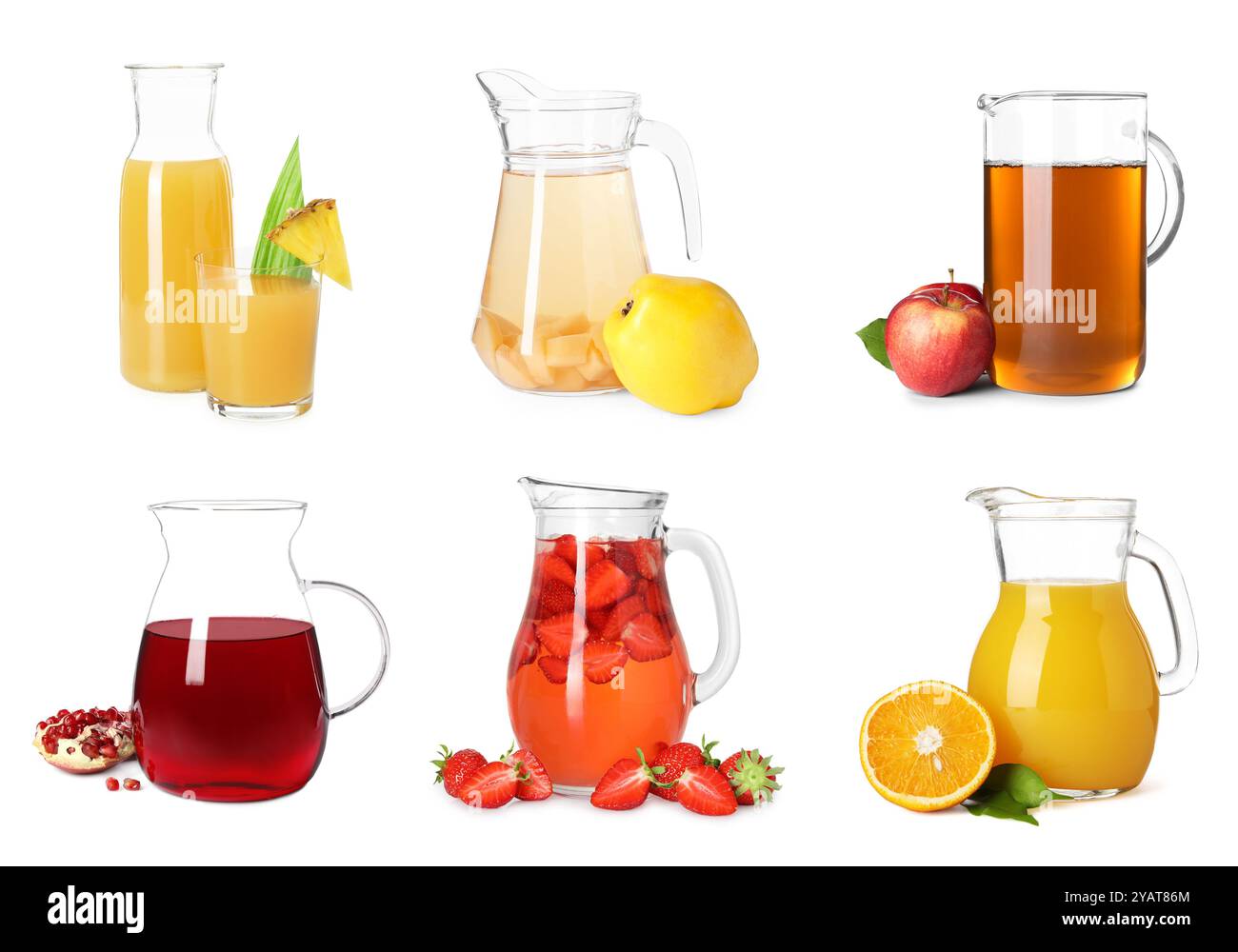 Glass jugs with different juices isolated on white, set Stock Photo - Alamy
