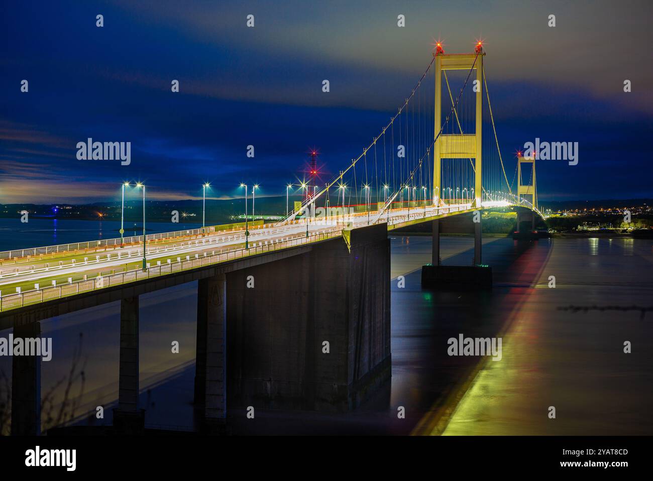 Old Severn road bridge at night Stock Photo - Alamy