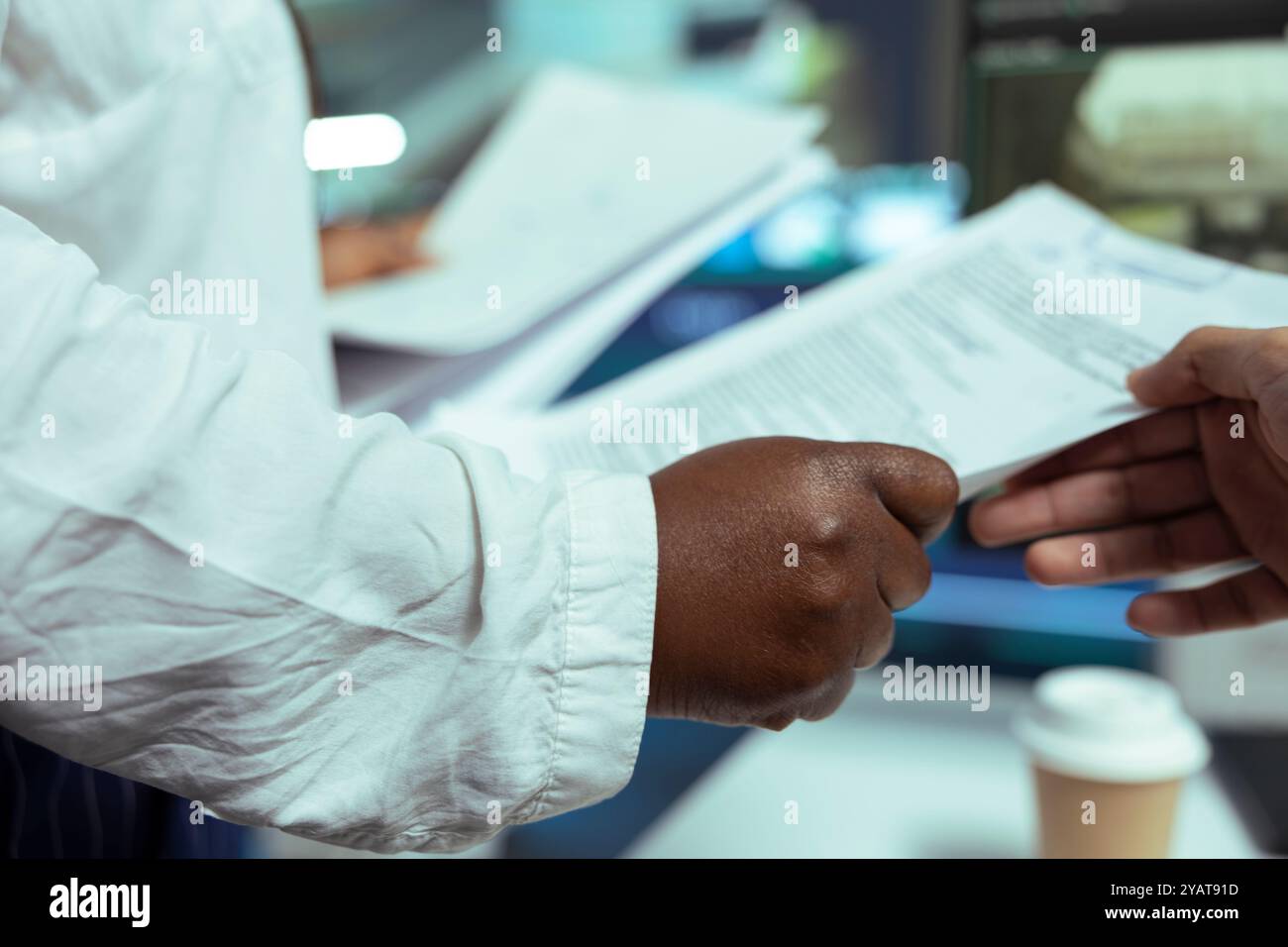 African american team leader gives order information for shipment ...