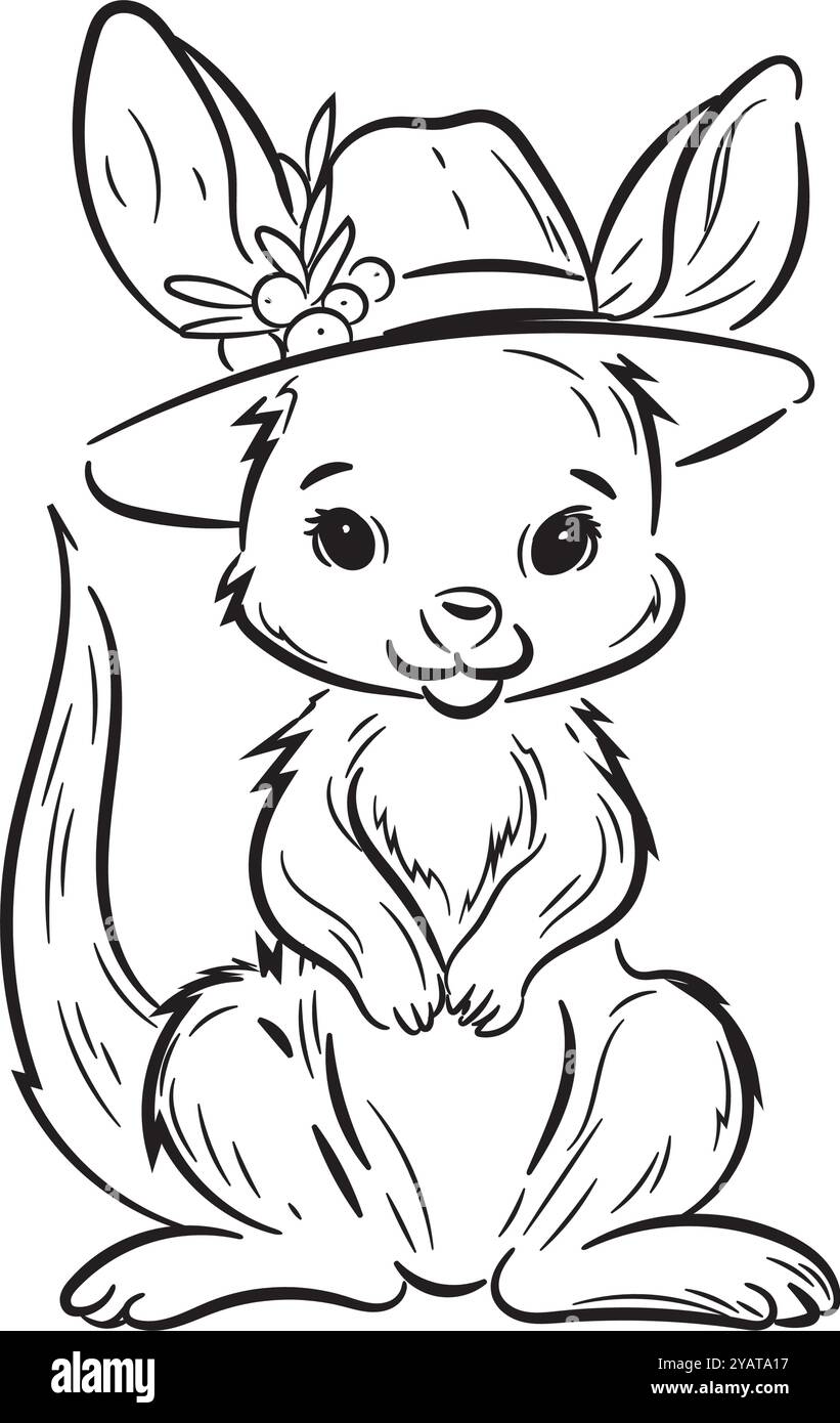 sweet and cute baby Kangaroo in a hat, coloring page, kindergarten ...