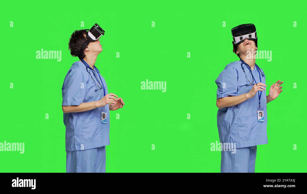 Medical assistant working with virtual reality glasses against ...