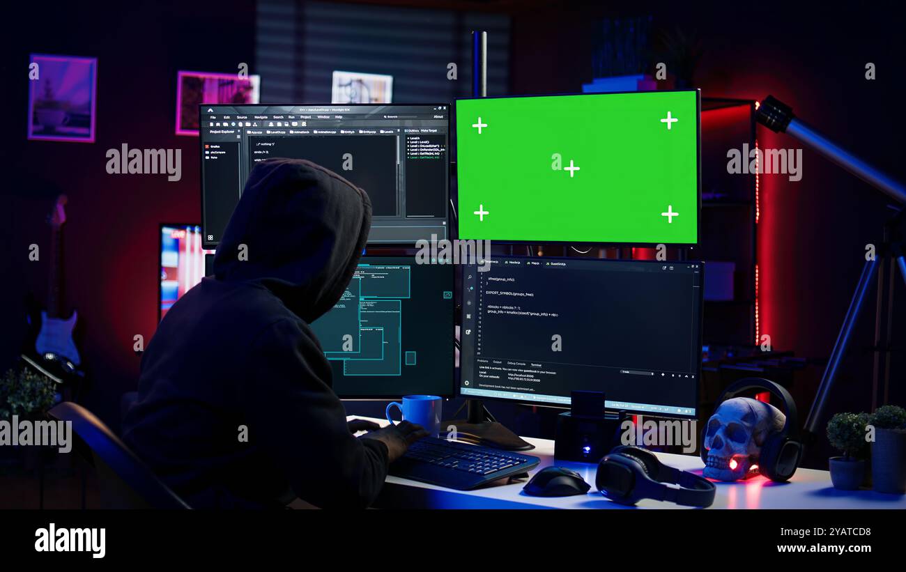Hacker Coding On Isolated Screen Computer Monitors Developing Zero Day