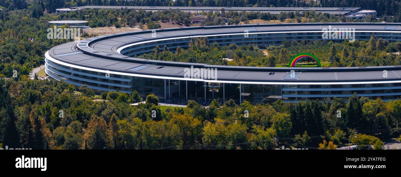 Aerial View of Apple Park Campus with Solar Panels and Rainbow Arch ...