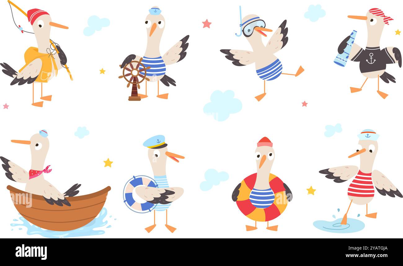 Cartoon seagull. Funny seagulls sailors and captains, floating in boat ...