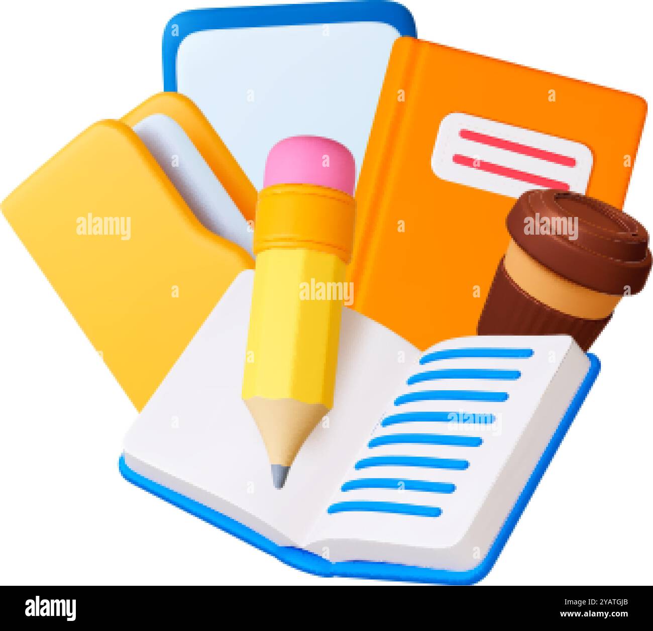 3d Work and study. Education 3d concept with opened book, notebooks ...